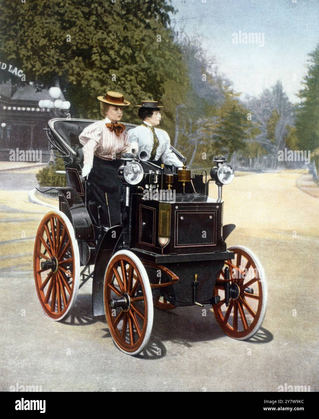 Two women driving an early car : Histoire de la Locomotion Terrestre ...