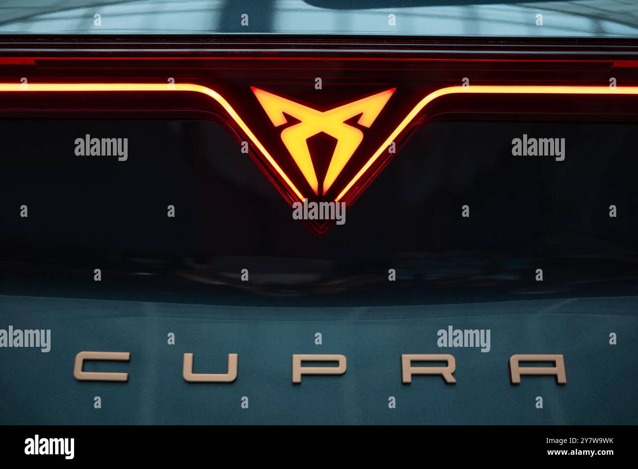 advertising logo CUPRA on blue rear car bumper, technology Spanish SEAT ...