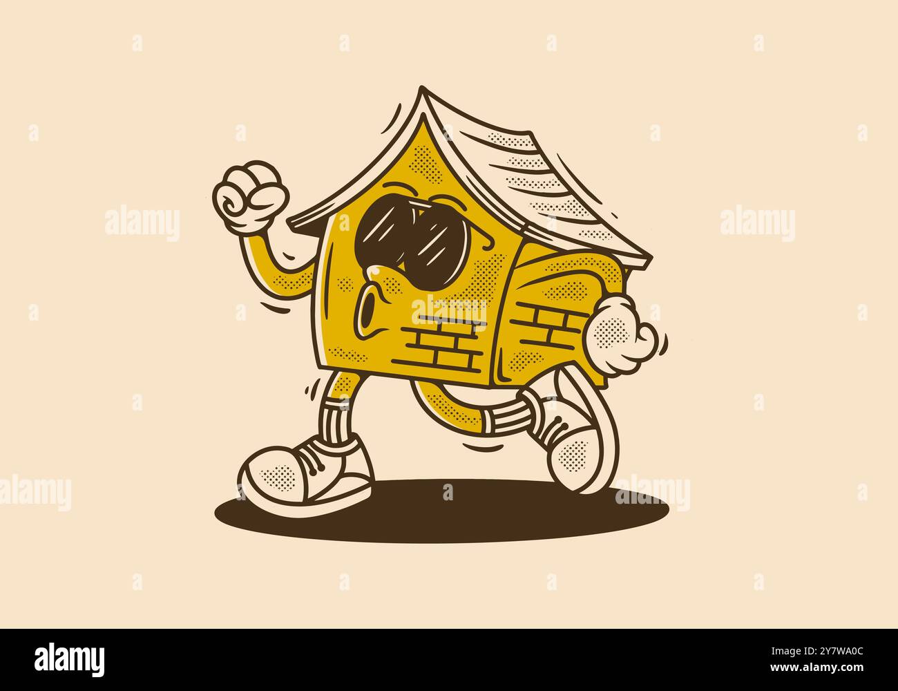 Walking house mascot character illustration in vintage retro style ...