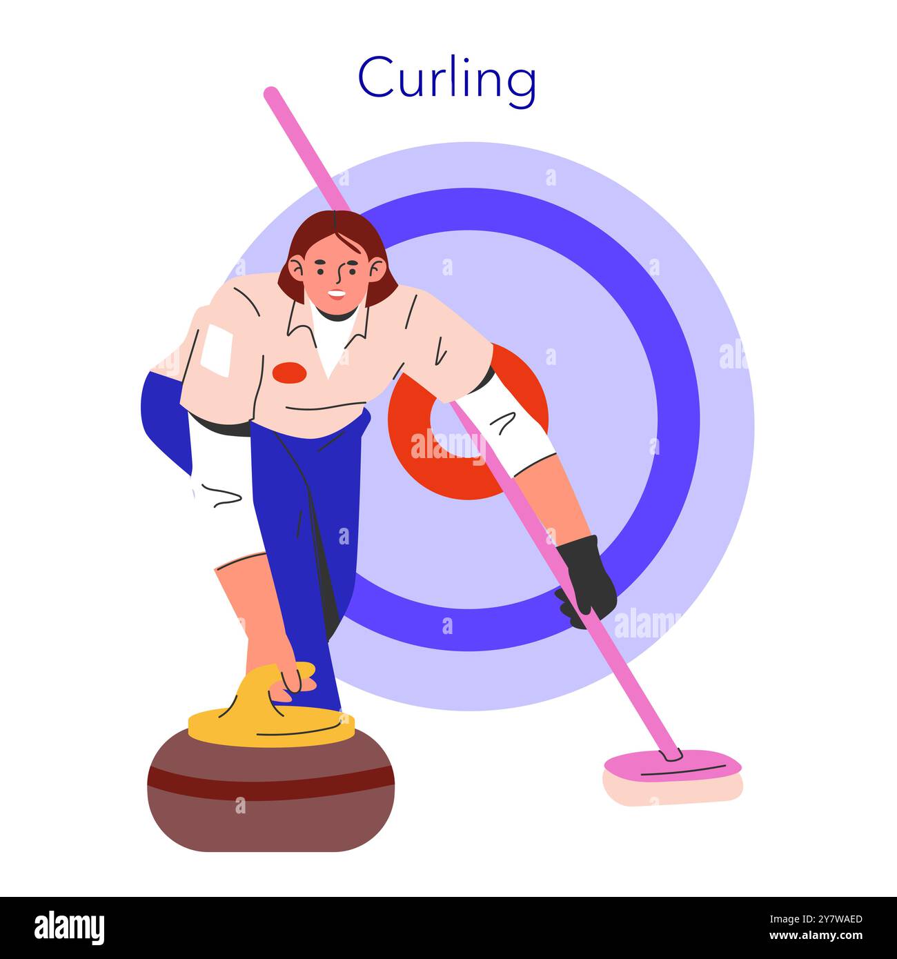 Curling concept. An athlete sliding a stone across the ice towards the ...