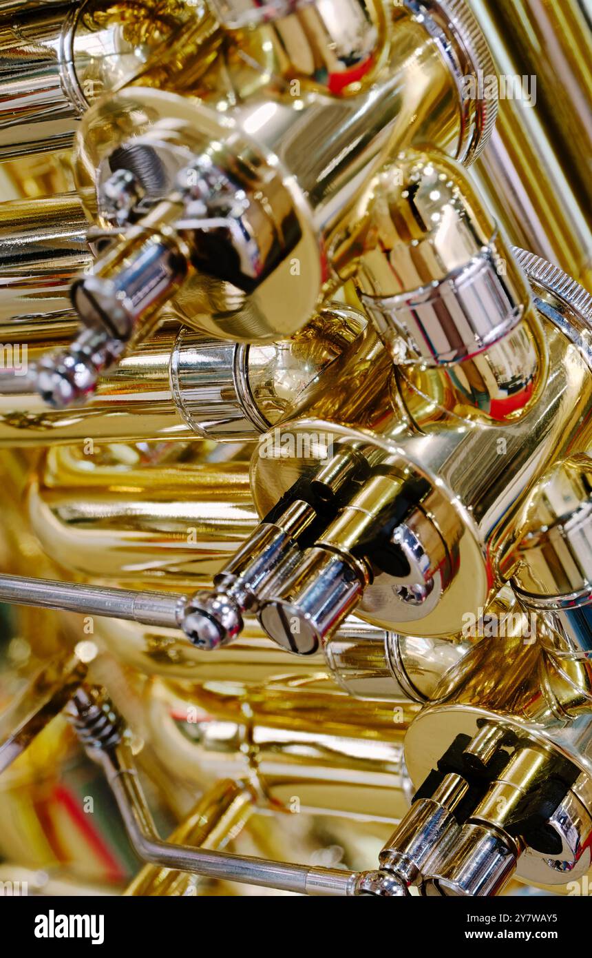 Generic valved brass musical instrument. Close up shot, abstract ...
