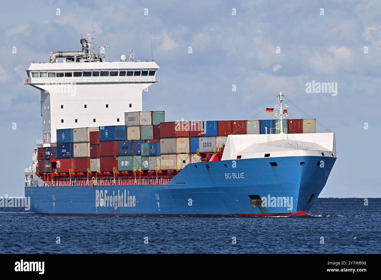 Containership BG BLUE at the Kiel Fjord. The vessel is on charter to ...