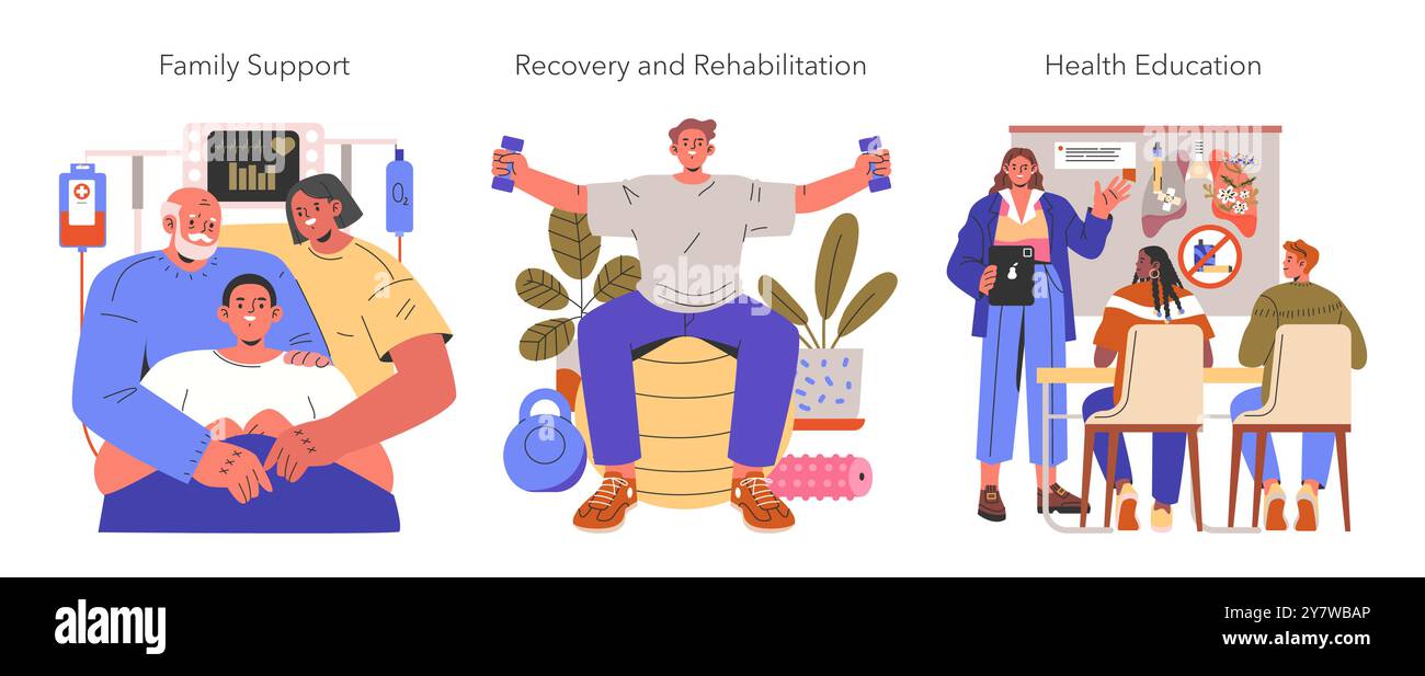 Healthcare journey set. Family support at hospital, patient ...