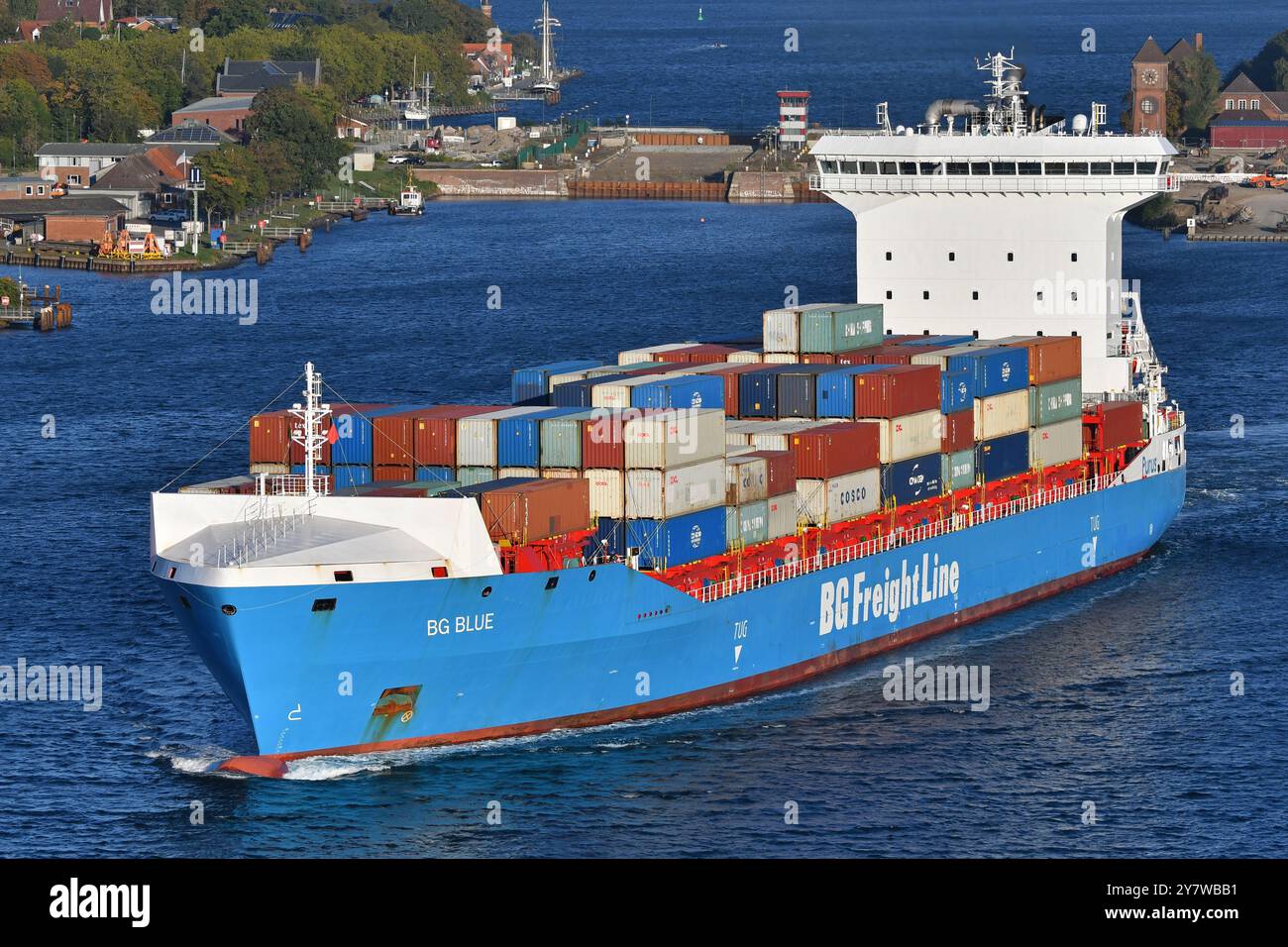 Containership BG BLUE at the Kiel Canal. The vessel is on charter to ...
