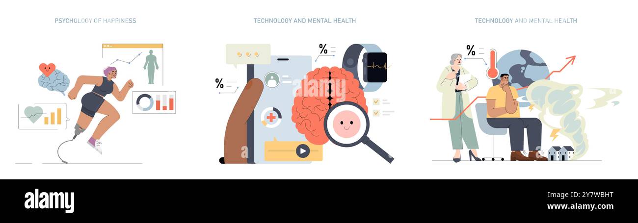 Mental Health and Technology set. Illustrating the interaction between ...