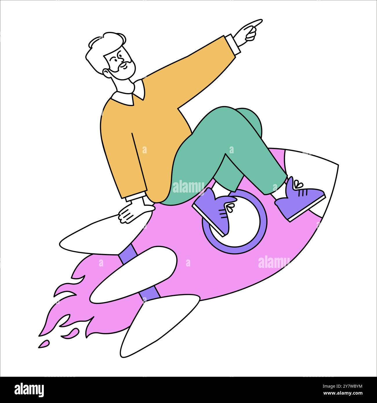 Dynamic businessman rocketing upwards on a vibrant rocket, symbolizing ...