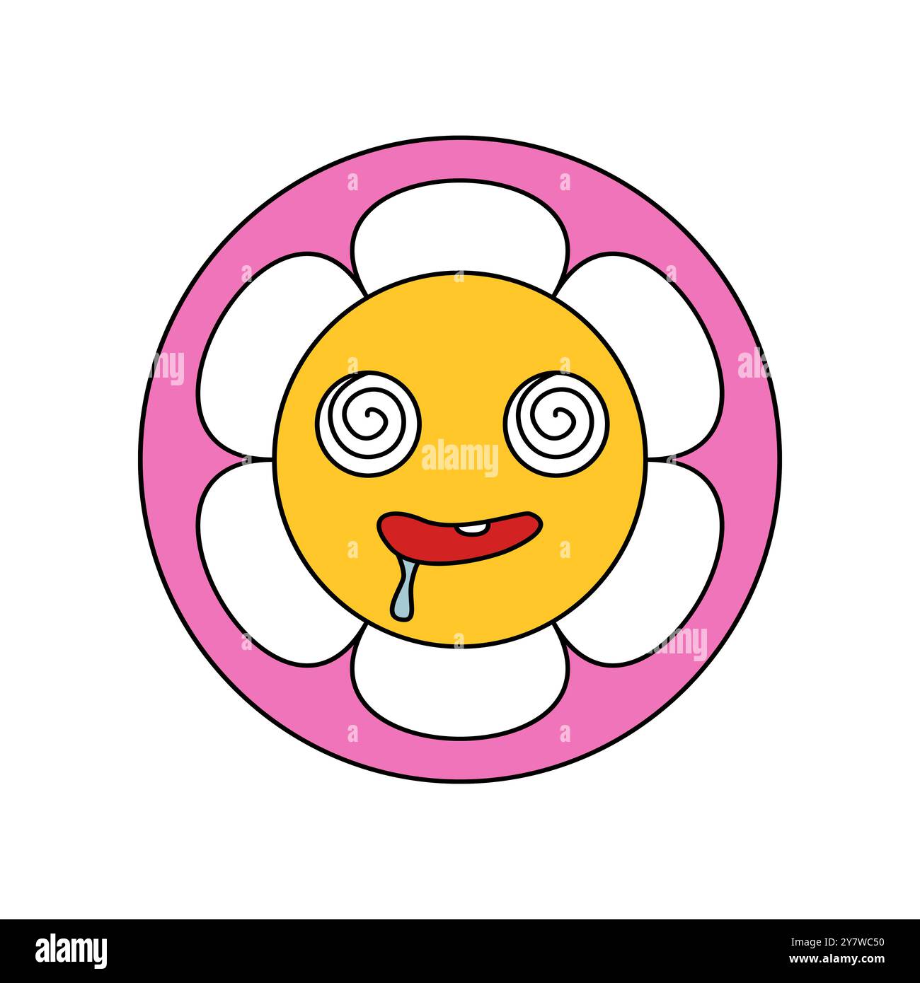 Groovy round sticker with psychedelic flower with spirals of hypnosis ...