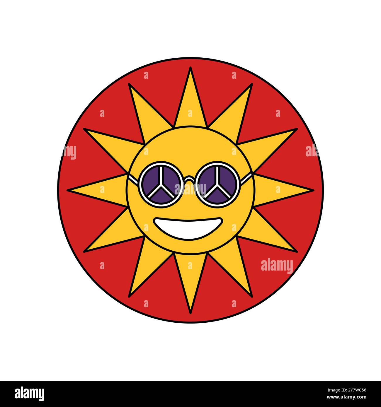 Groovy round sticker of sun in sunglasses with hippy peace sign vector ...
