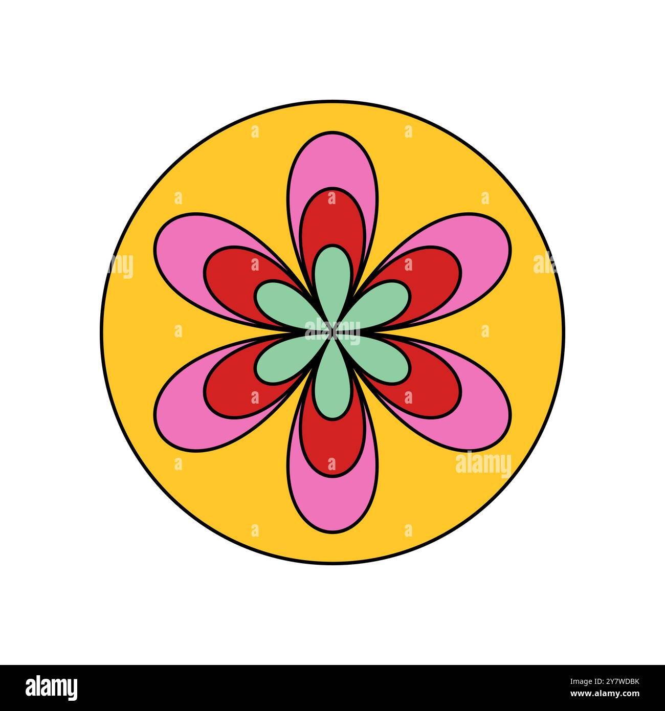Groovy round sticker, psychedelic flower with symmetry and colorful ...