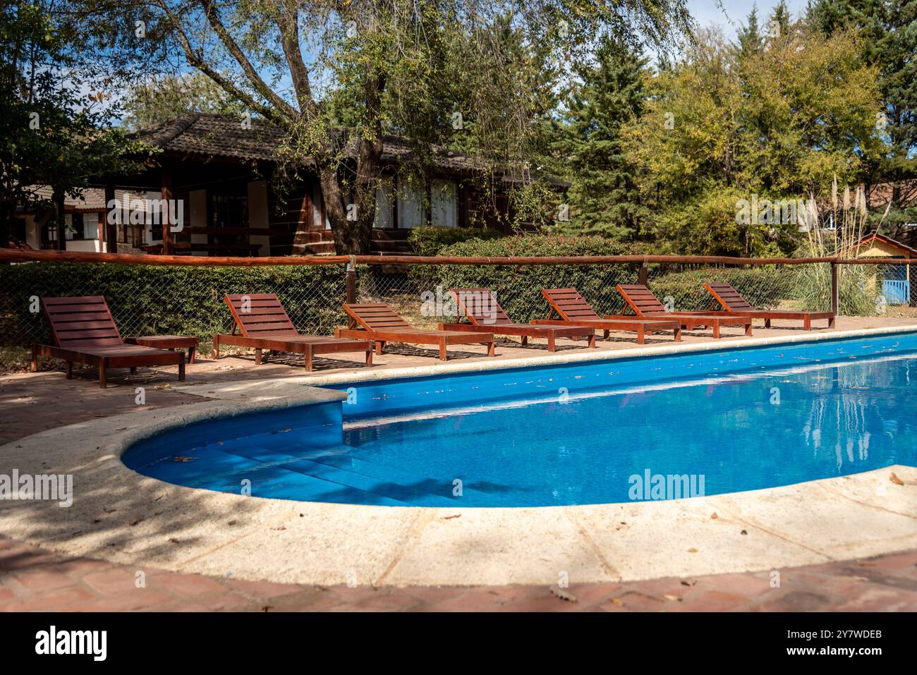 Relaxing scene of wooden lounge chairs around a swimming pool on a ...