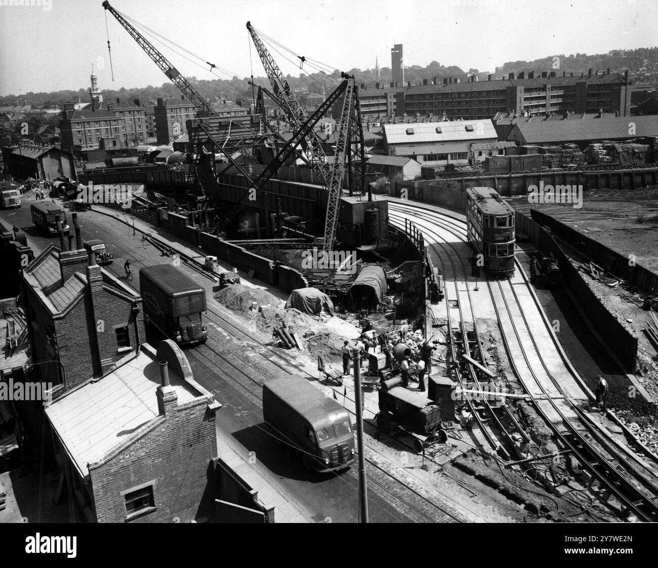 A tram moving through Deptford at Creek Road across a Temporary Draw ...