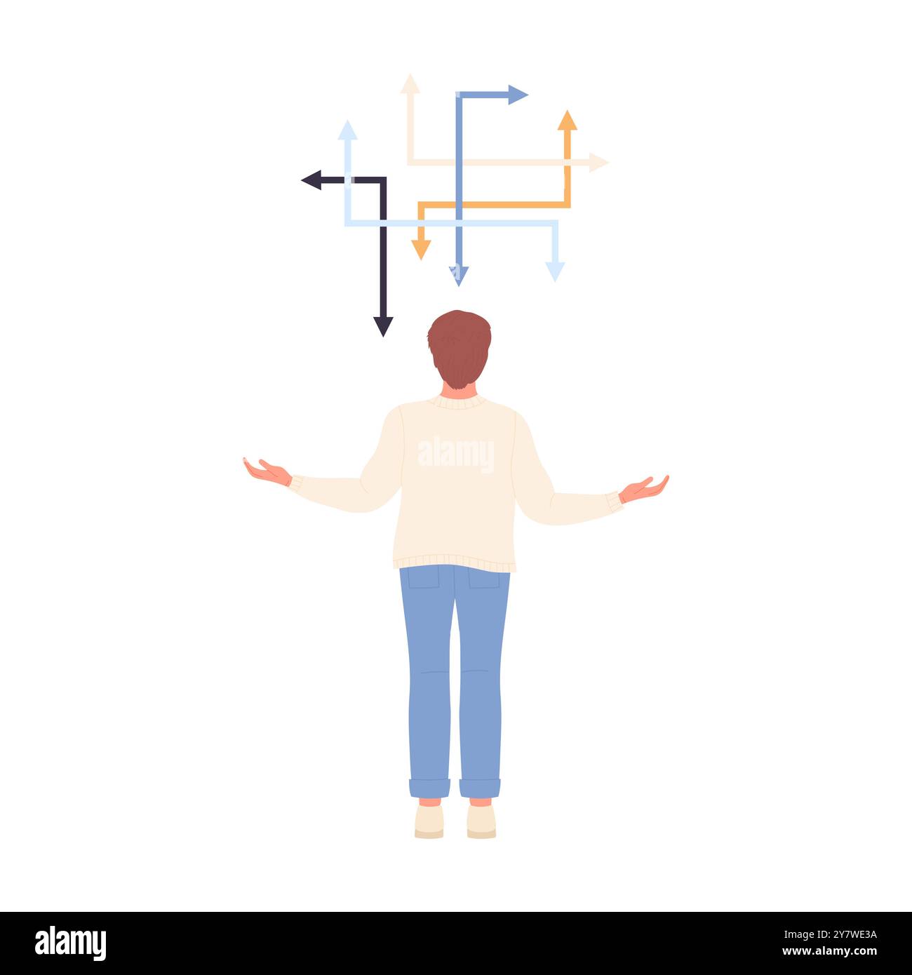 Man standing in front of many arrows in different directions, rear view ...