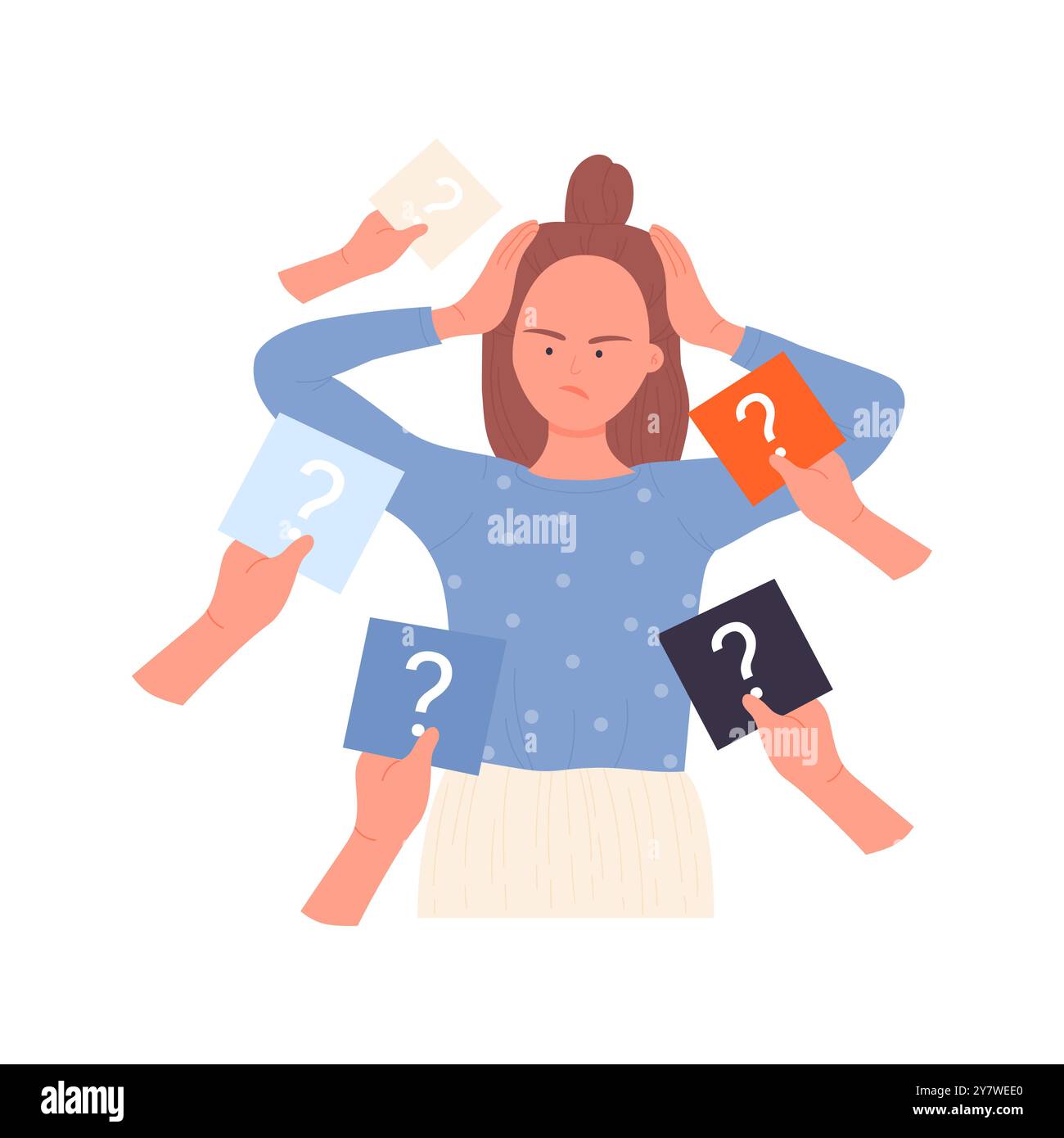 Frustrated girl angry from lot of questions in hands of people vector ...