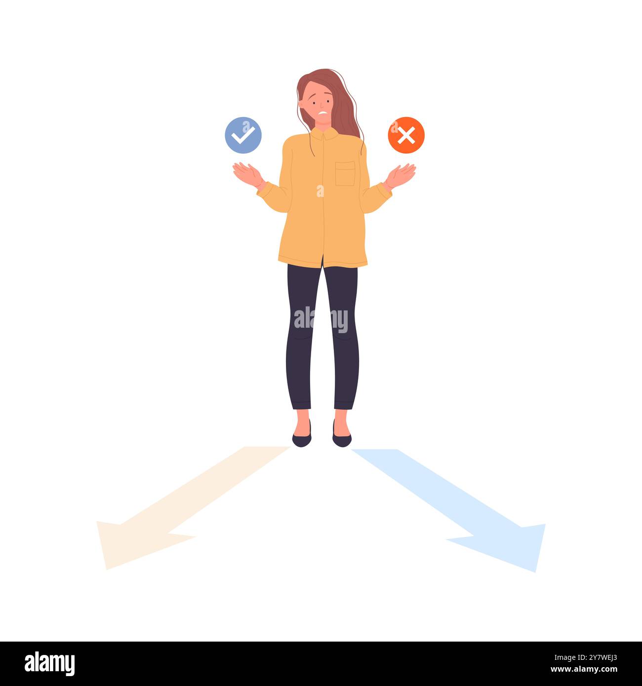 Woman holding check mark and cross to choose between two options vector ...