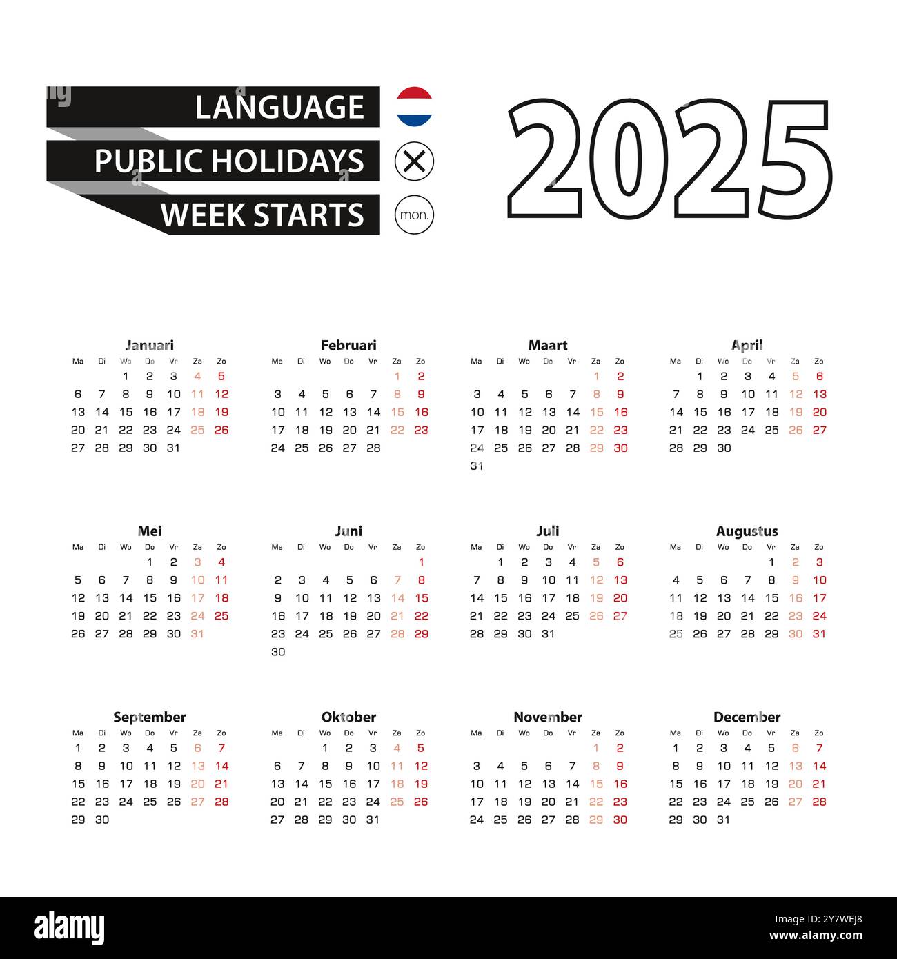 Calendar 2025 in Dutch language, week starts on Monday. Vector calendar ...