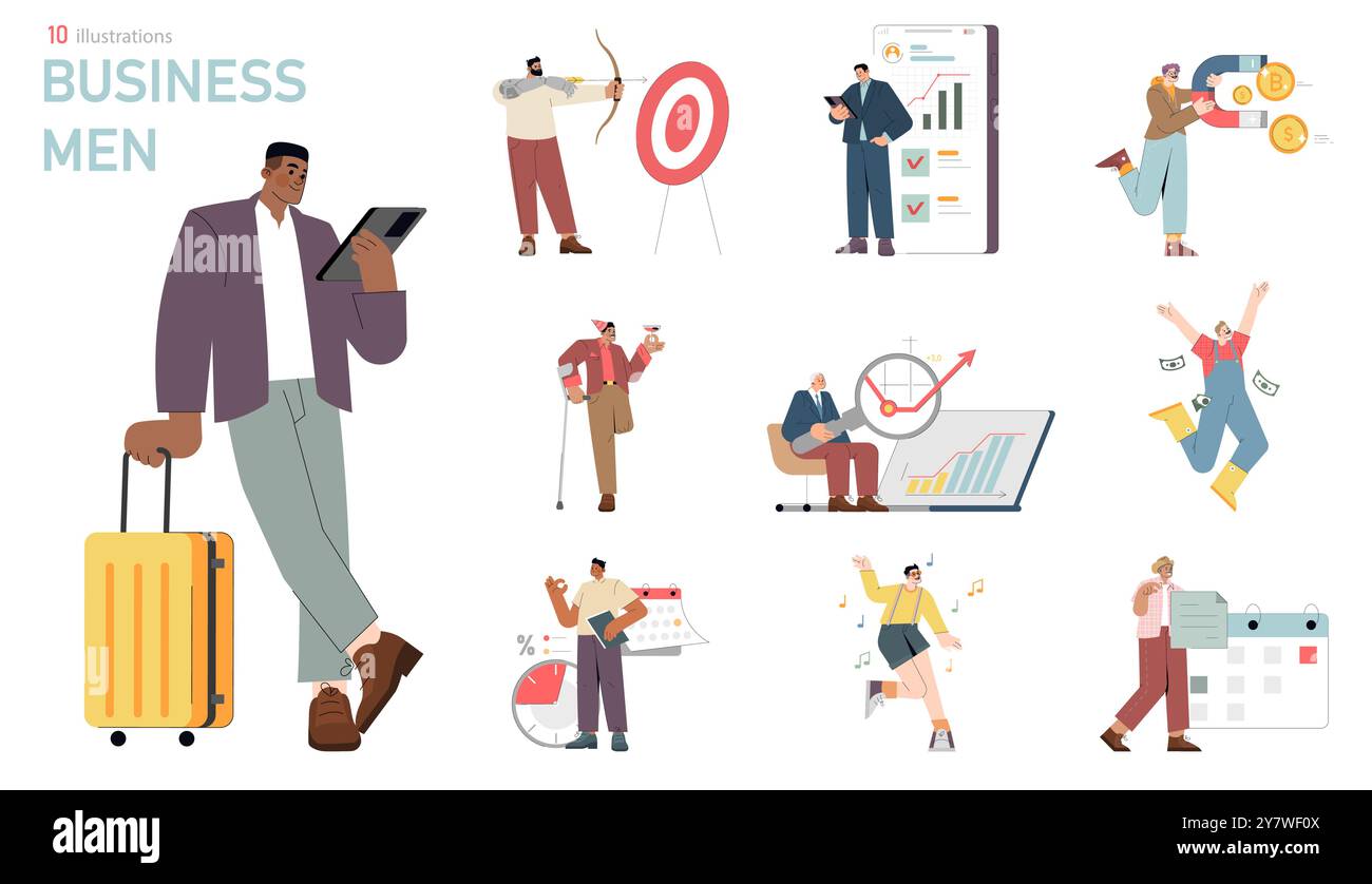 Businessmen set. Diverse activities from traveling to achieving targets ... Businessmen set. Diverse activities from traveling to achieving targets ...