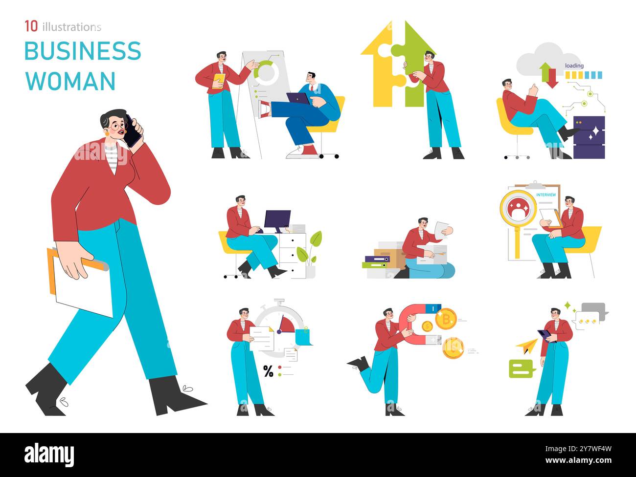 Business Woman set. Professional female in various work scenarios ...