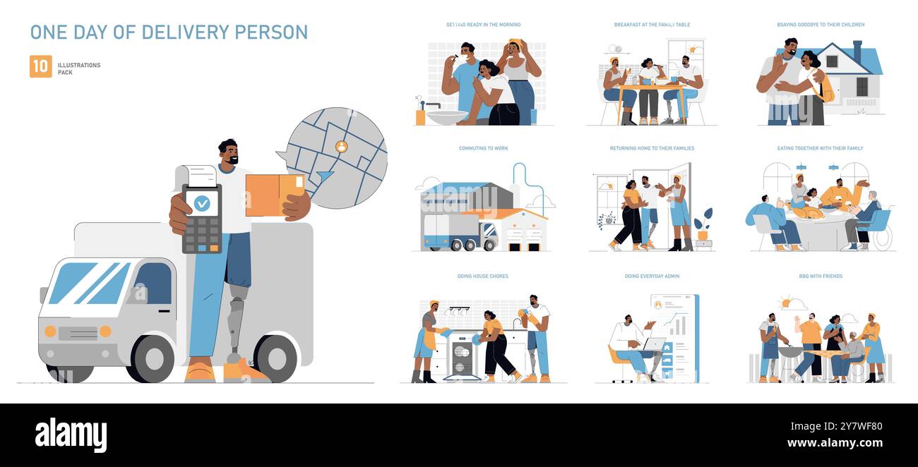 Delivery Person's Day set. Daily life and family interaction of a ...