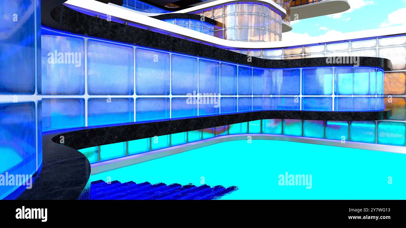 Complex glass block exterior of an elite spa salon with a wellness pool ...