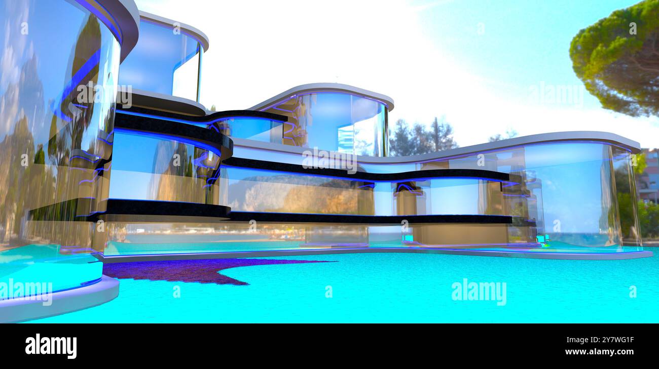 Design of a prestigious advanced spa hotel with a curved glass facade ...