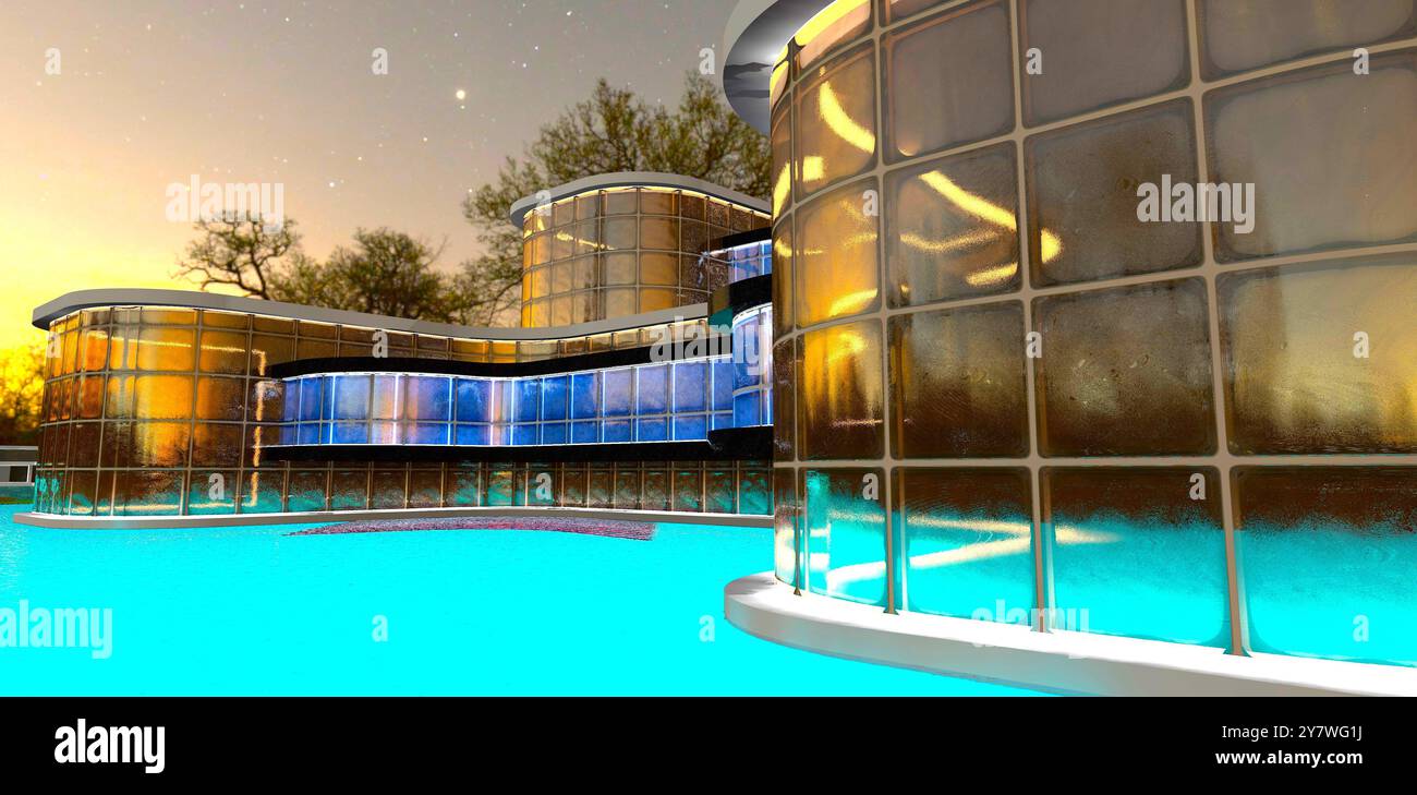 Design of a spa salon located by a turquoise lake at night. Glass block ...