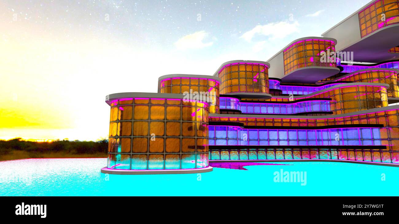 Exclusive design of a wellness spa center. Glass block facade with ...