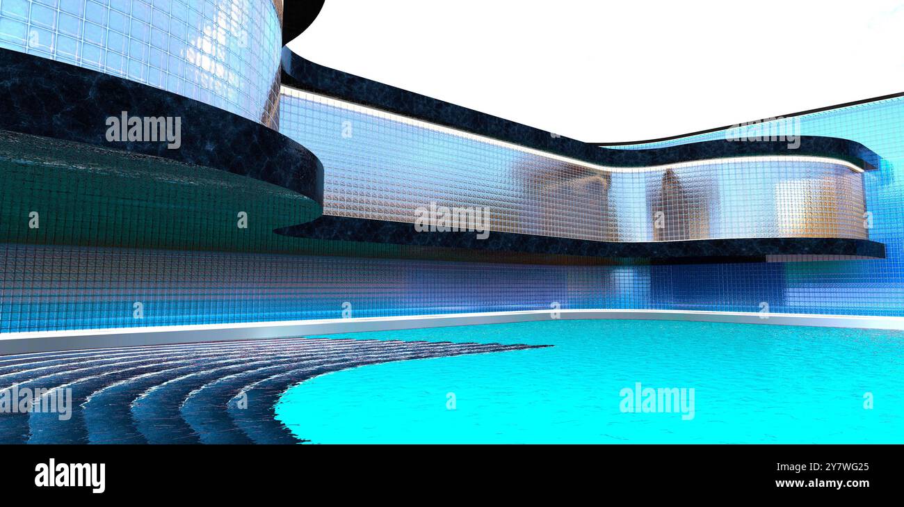 Futuristic building with a glass block facade surrounded by a pool with ...