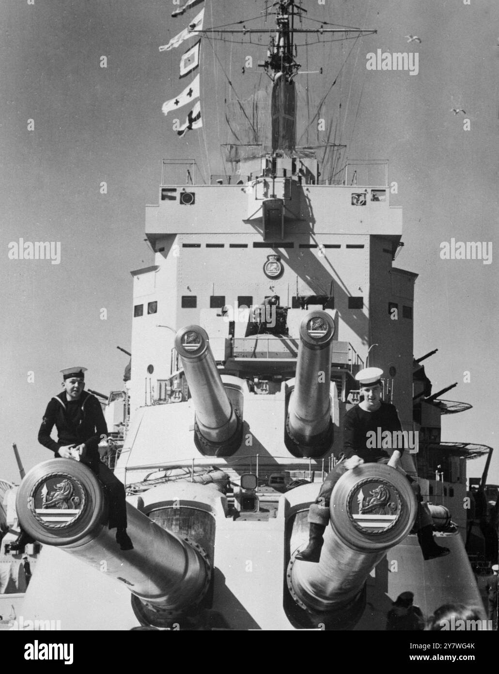 HMS Vanguard . From the bows showing the mighty forward guns , compass ...