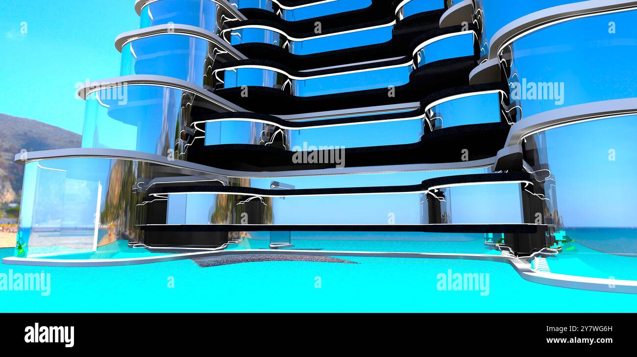 Mirrored curved facade of a multi-level hotel with a turquoise pool on ...