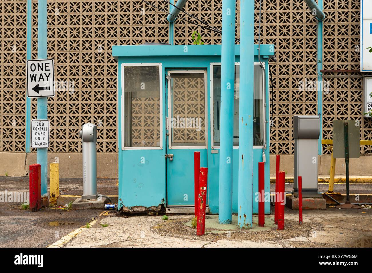 Blue parking lot booth in downtown Minneapolis, Minnesota, USA Stock ...