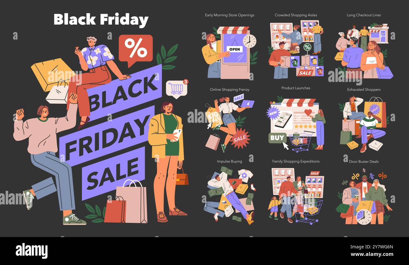 Black Friday set. Illustrates the excitement and chaos of sale season ...