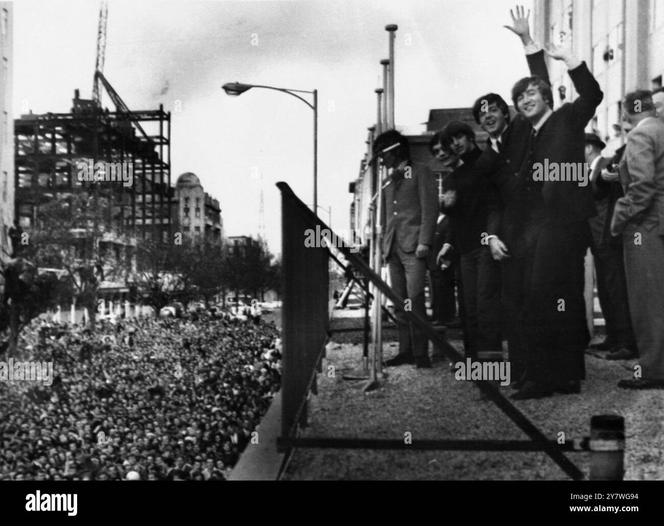 The Beatles with replacement drummer Jimmy Nicol greet the fans in ...