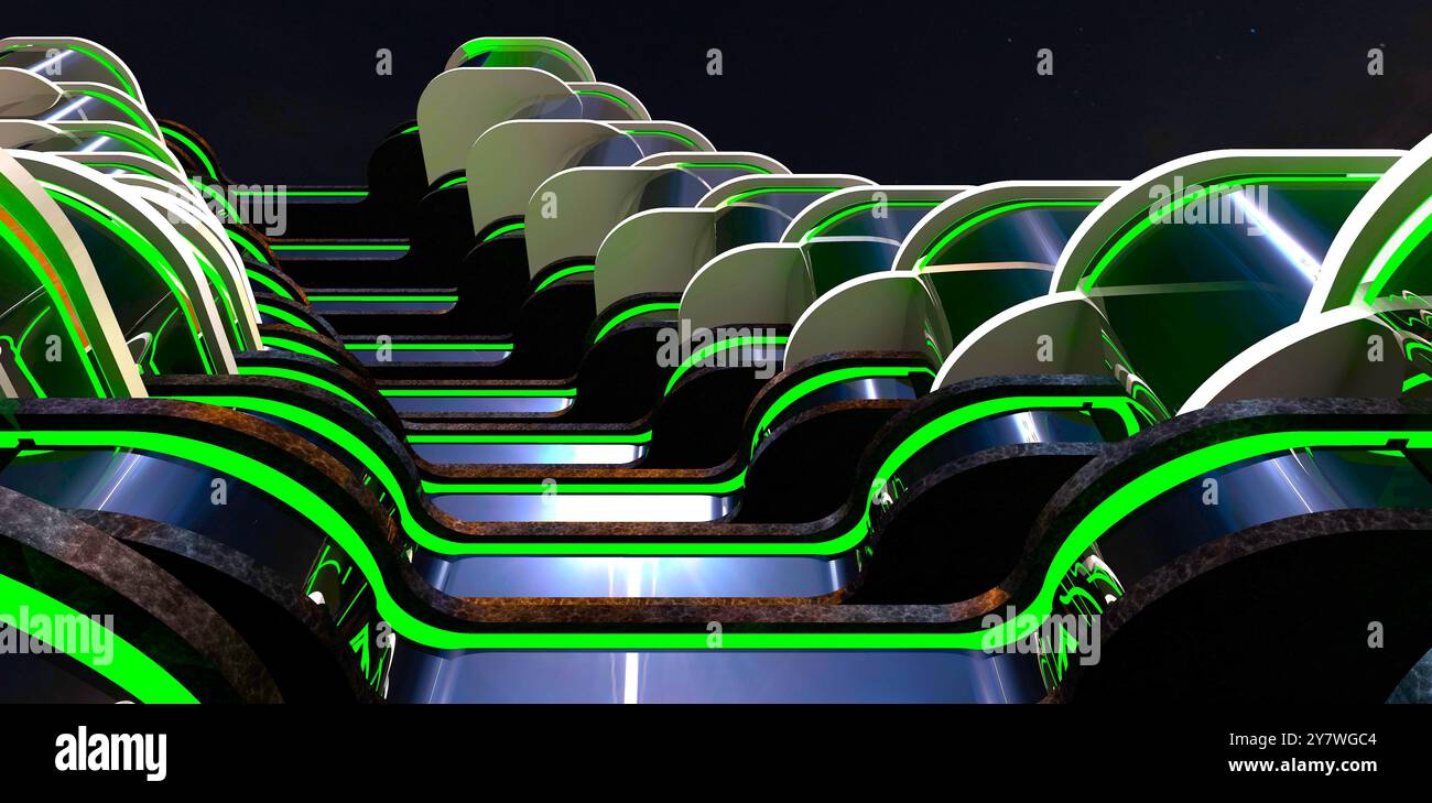 View from below of a uniquely shaped hotel facade with green lighting ...