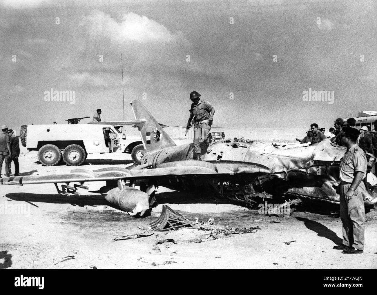 An Egyptian MiG - 17 fighter shot down by the Israelis is seen today ...