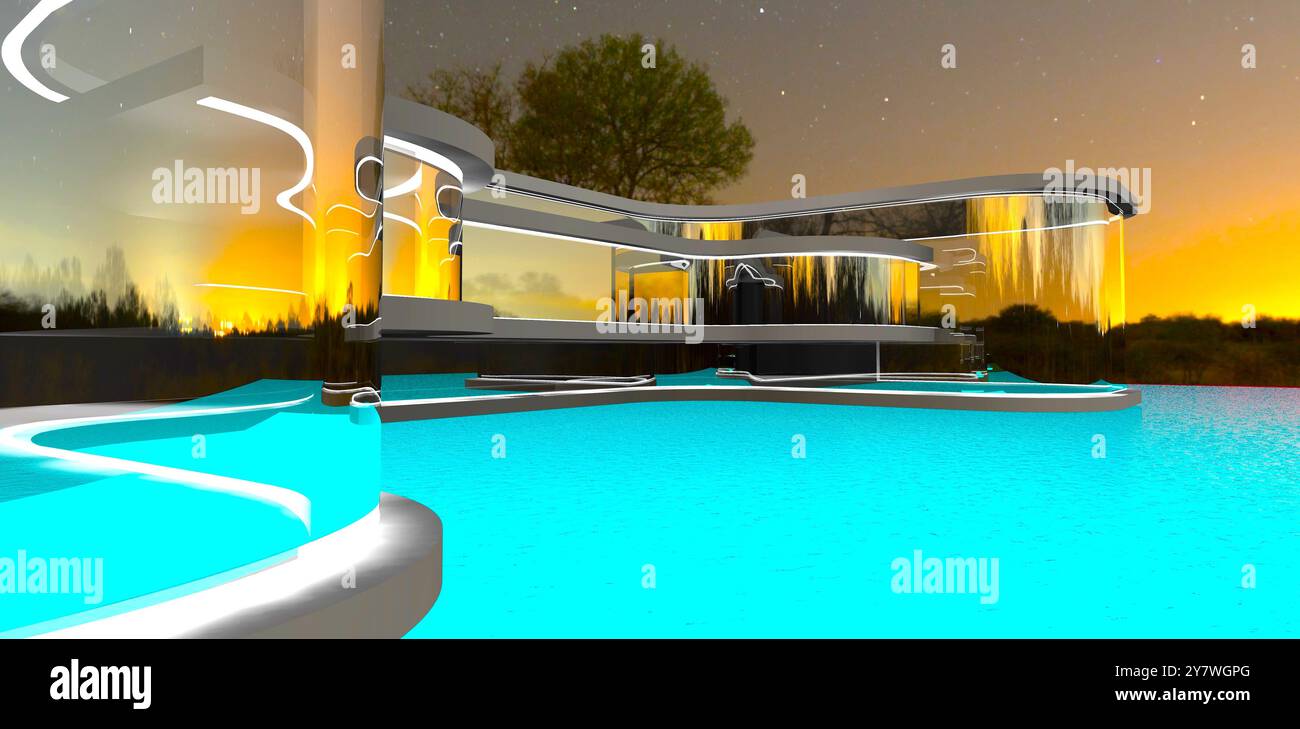 A modern spa hotel with a luxurious pool. The glass facade reflects the ...