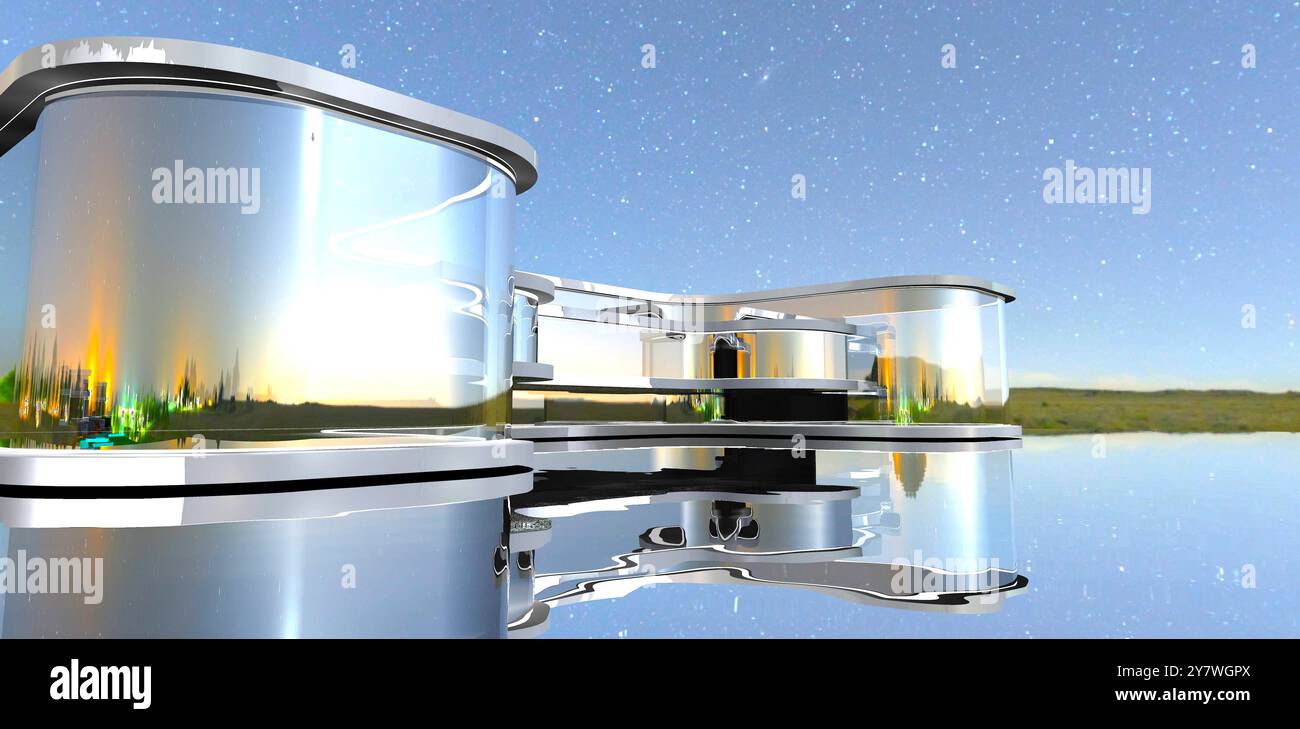 An advanced house with a glass facade. Stars reflect on the perfectly ...
