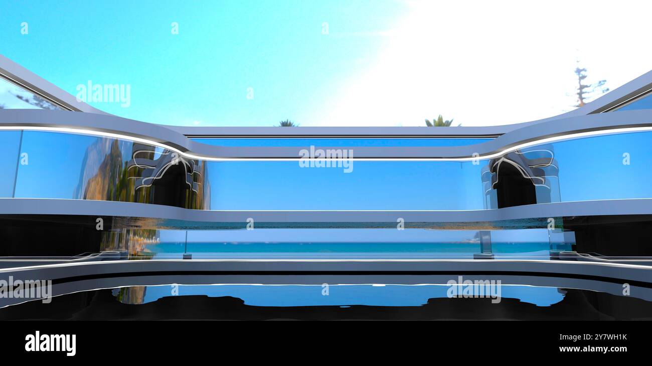 Design of a glass facade hotel on the ocean shore. Bright tropical sun ...