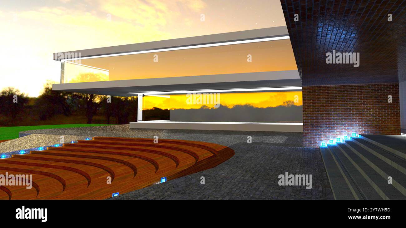 Exit from the hotel. A wide semicircular staircase with concrete porch ...