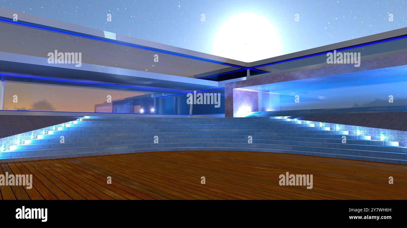 Full moon over a luxurious villa in Funchal. Halogen lamps illuminate ...