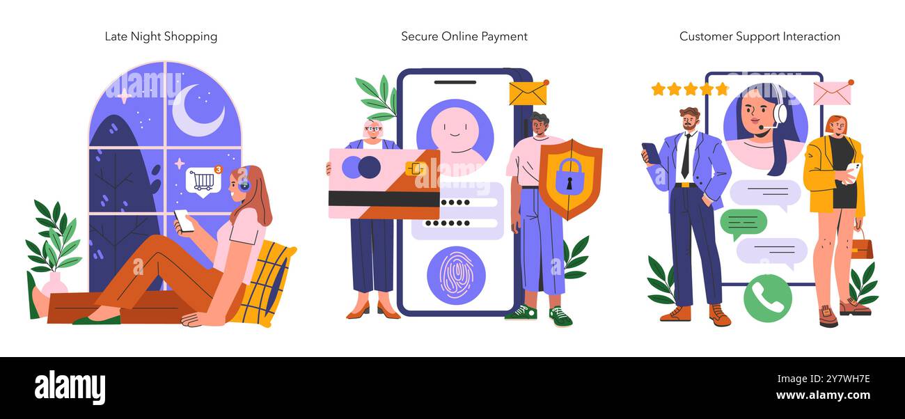 Online shopping set. Consumers engaging in late-night purchasing ...