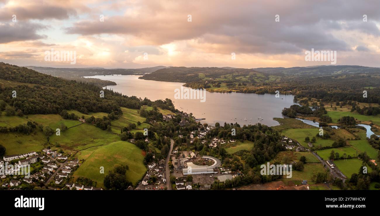 Aerial panoramic landscape of the Lake District town of Ambleside with ...