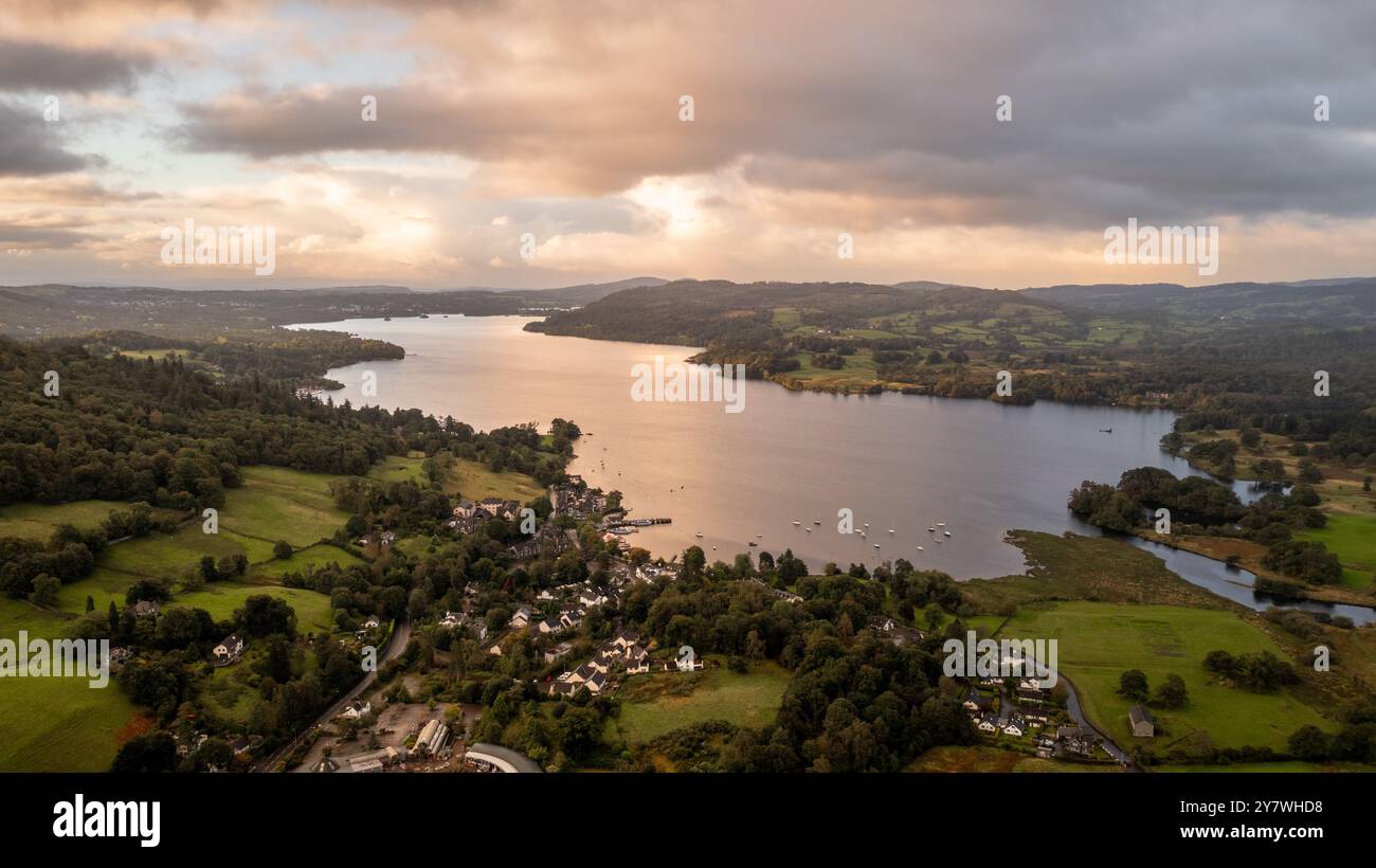 Aerial panoramic landscape of the Lake District town of Ambleside with ...