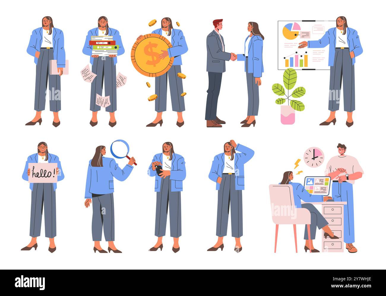 Businesswoman set. Corporate life and success icons. Negotiation ...