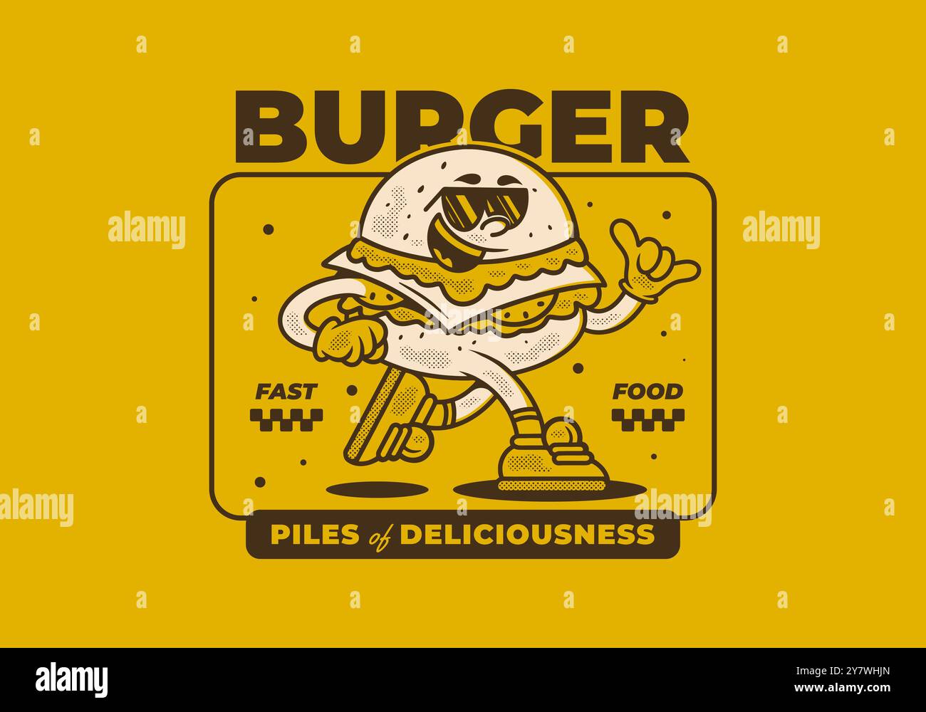 Burger, pile of deliciousness. Vintage mascot character illustration of burger in running pose ...