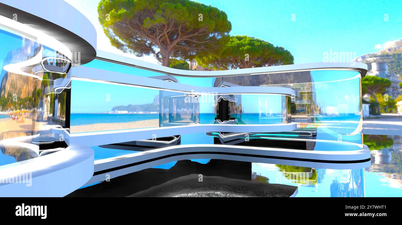 The beach on the ocean shore of a tropical island is reflected in the ...
