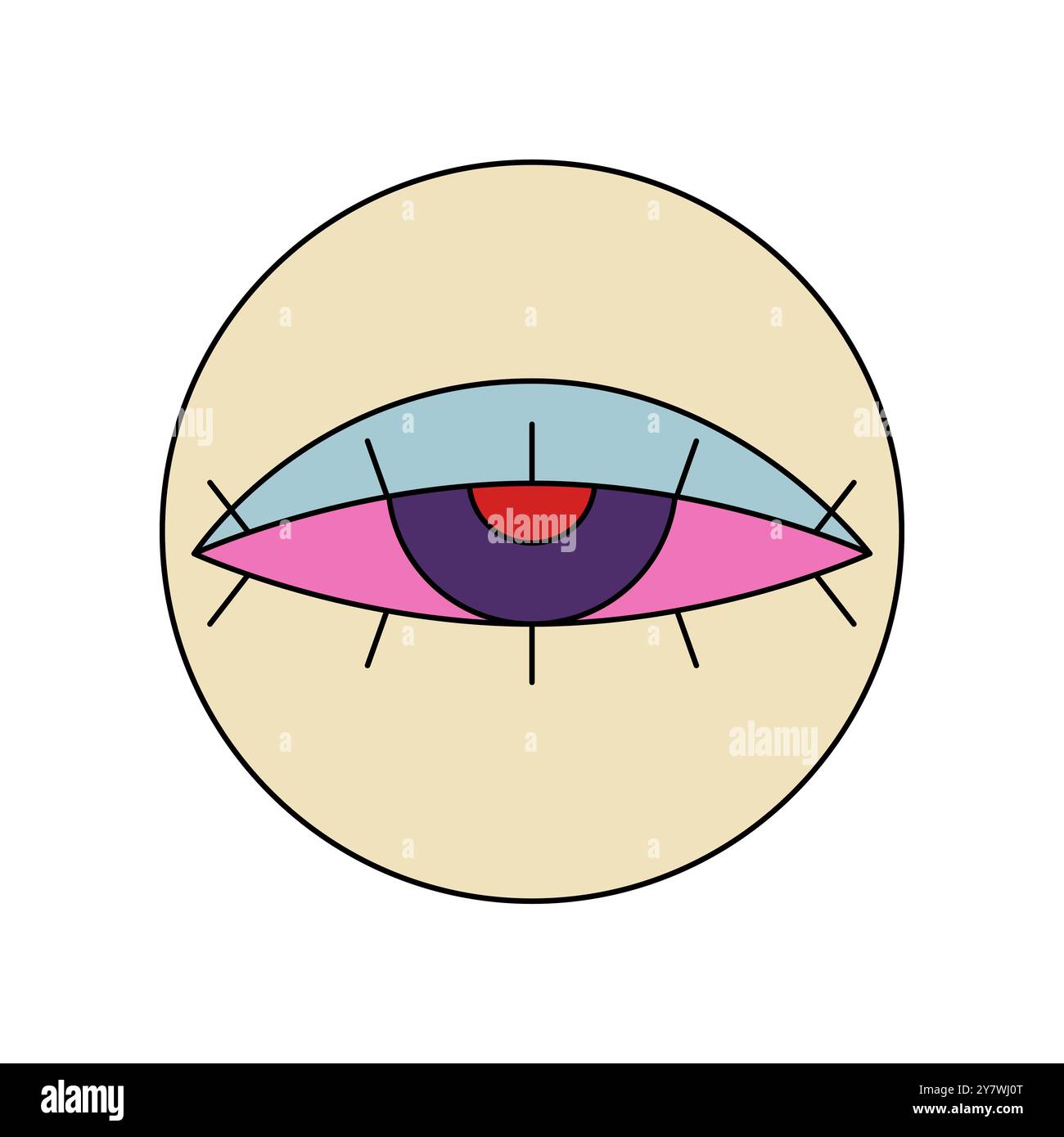Groovy psychedelic look of pink open eye on round sticker vector ...
