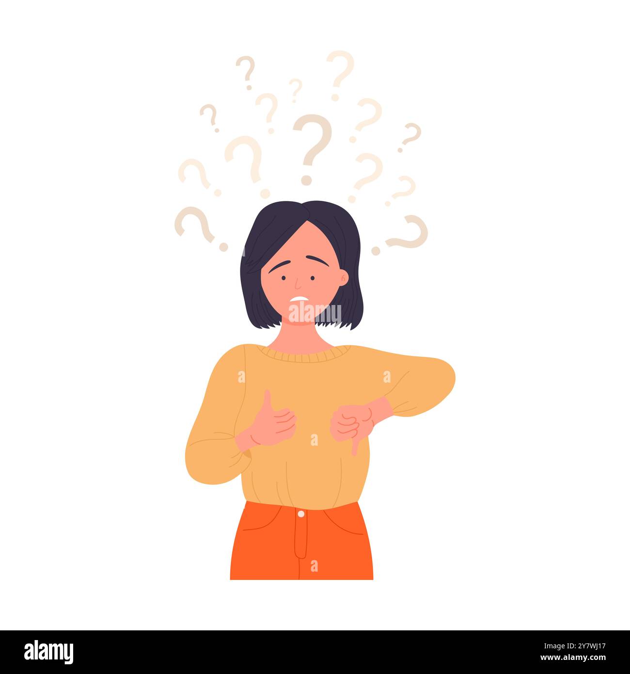 Confused girl with question marks above head showing thumbs up and down ...