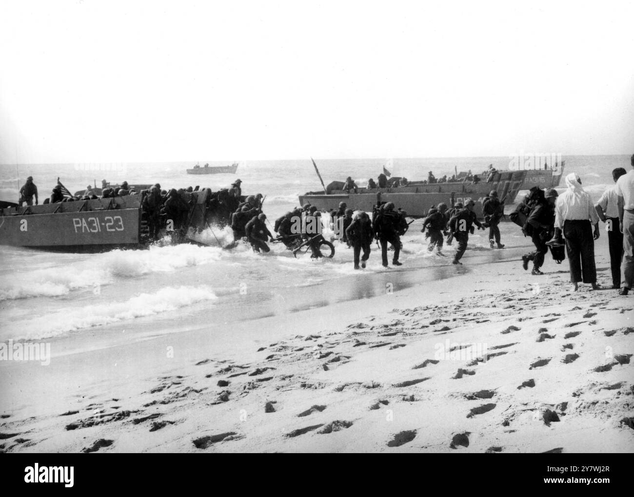 Beirut , Lebanon : U . S . Marines land in Beirut . Landing Craft hit ...