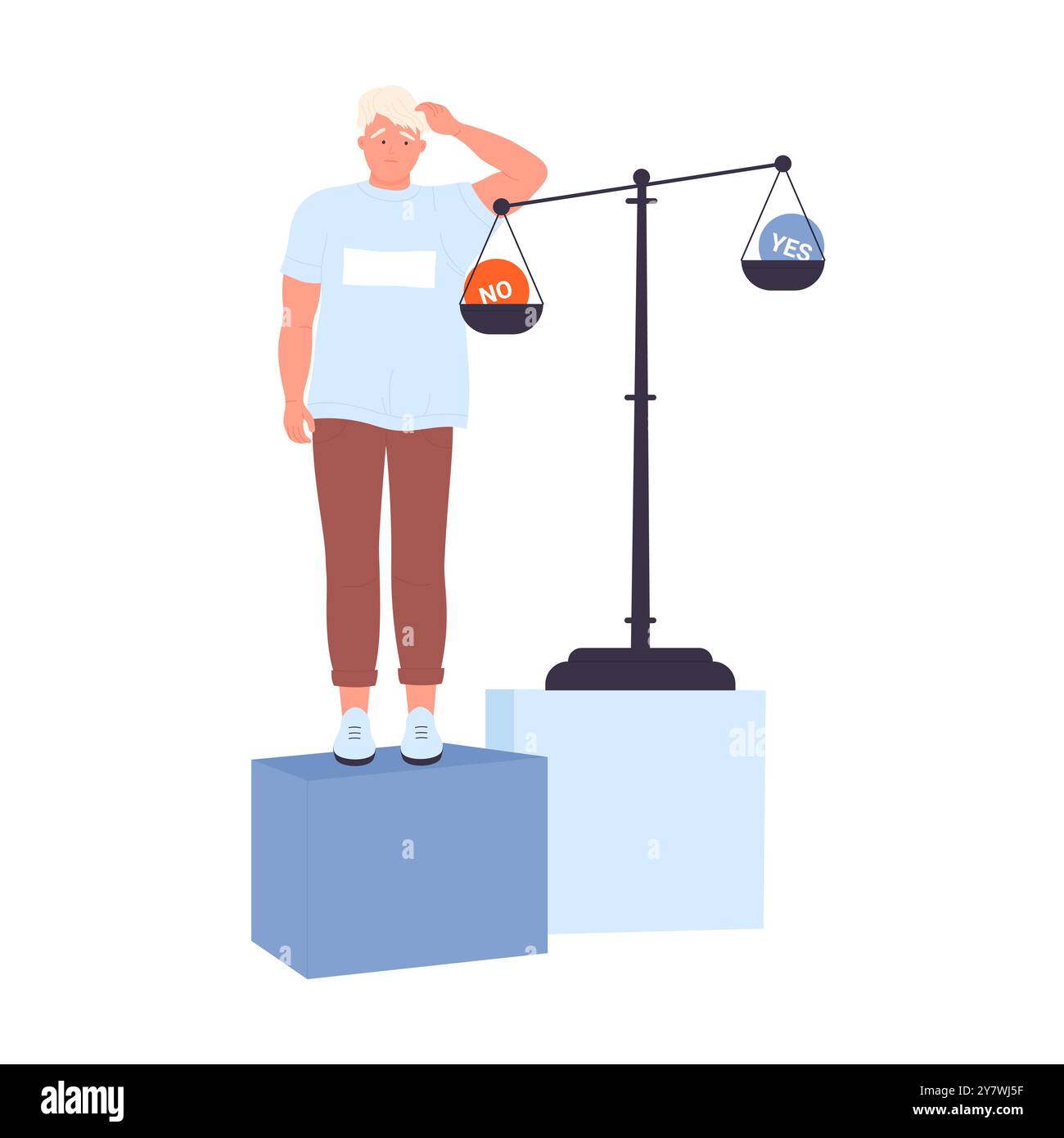 Man in doubt thinking about answer yes and no on balance scale vector ...