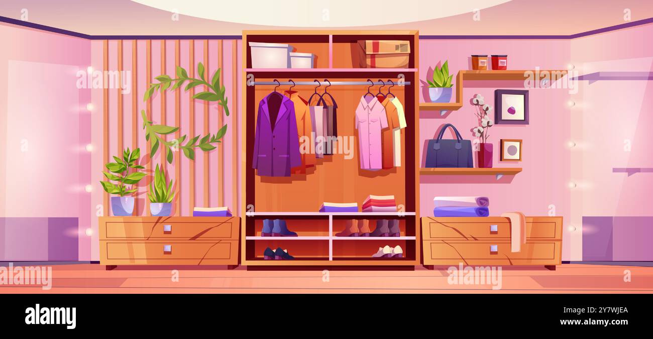 Closet room interior with organized male clothes hanging in cabinet ...